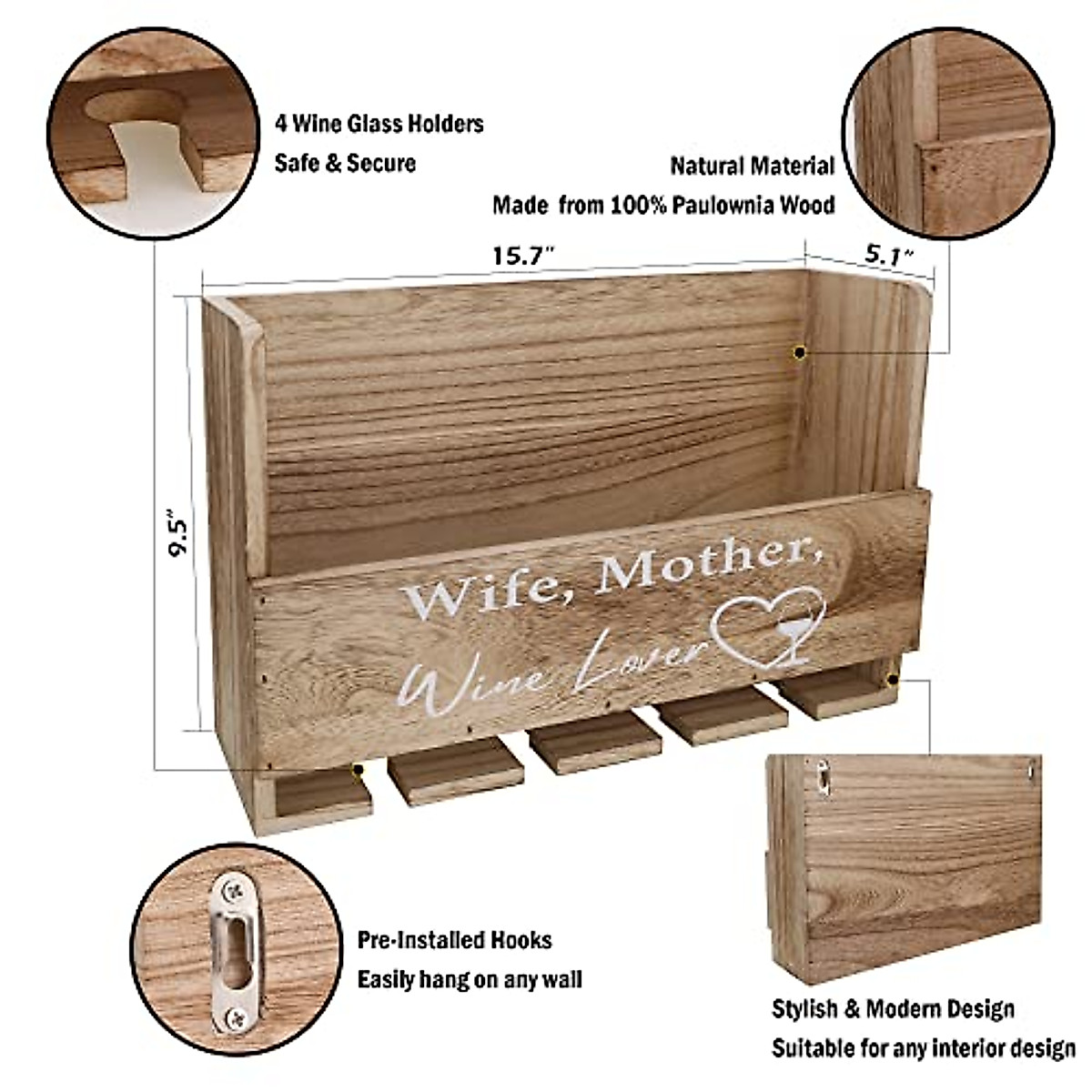 Homewolf Wall Mounted Wine Rack - Wine Glass Storage Made from Solid Paulownia Wood – Wine Bottle Organizer Holds 5 Bottles and 4 Glasses - Wall-Mounted Wine Racks Hanging Cabinet – Bar Decor