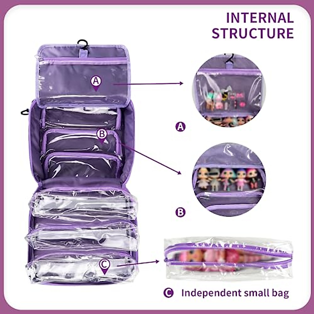 VETHERS Doll Carrying Case Compatible with LOL Surprise OMG, Display Organizer Compatible with Big Sister 3-inch Dolls with a Hanging Hook and 7 Clear Zipper Pockets, Bag Only (Purple)