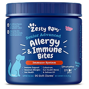 Zesty Paws Dog Allergy Relief - Anti Itch Supplement - Omega 3 Probiotics for Dogs - Digestive Health - Soft Chews for Skin & Seasonal Allergies - with Epicor Pets - Senior - Salmon - 90 Count