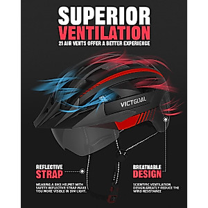 VICTGOAL Bike Helmet for Men Women with Led Light Detachable Magnetic Goggles Removable Sun Visor Mountain & Road Bicycle Helmets Adjustable Size Adult Cycling Helmets (L: 57-61 cm, Black Red)