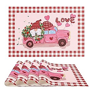 Valentines Day Placemats Set of 4 Truck Table Mats Hearts Love Dining Table Placemat Rustic Vintage Buffalo Red Plaid PVC Waterproof Place Mats for Kitchen Dining Party Decoration 12 x 18 inches