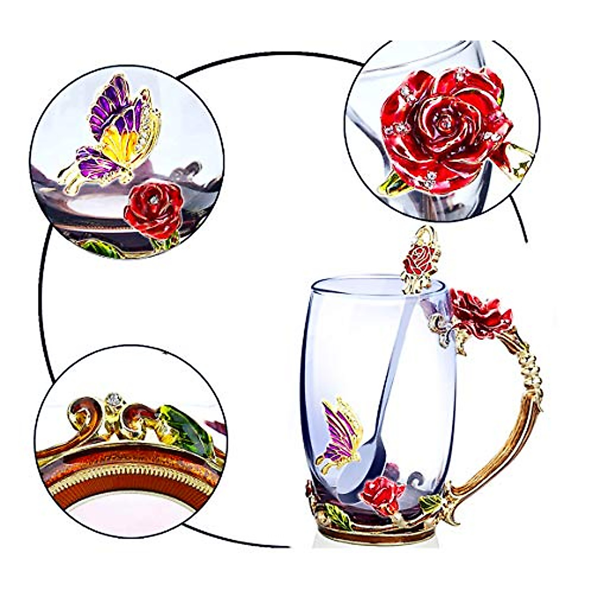 Flower Tea Cups, Unique Coffee Mugs, Butterfly Glass Mug with Spoon Set, Handmade Rose Butterflies Gifts - Best Valentine's Day Mother's Day Gift (13oz, Red)