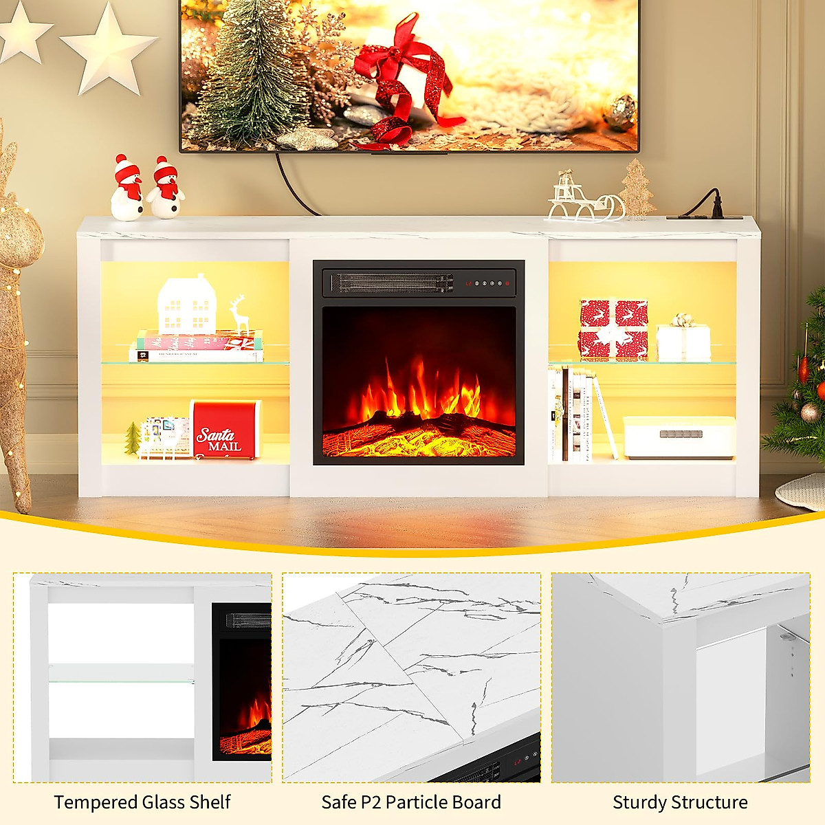 BREEZEHEAT 58inch Electric Fireplace TV Stand for 65'' TV-Entertainment Center with 18'' Fireplace and Led Light-TV Console with Glass Shelves, Power Outlets, Remote Control (White Marble)