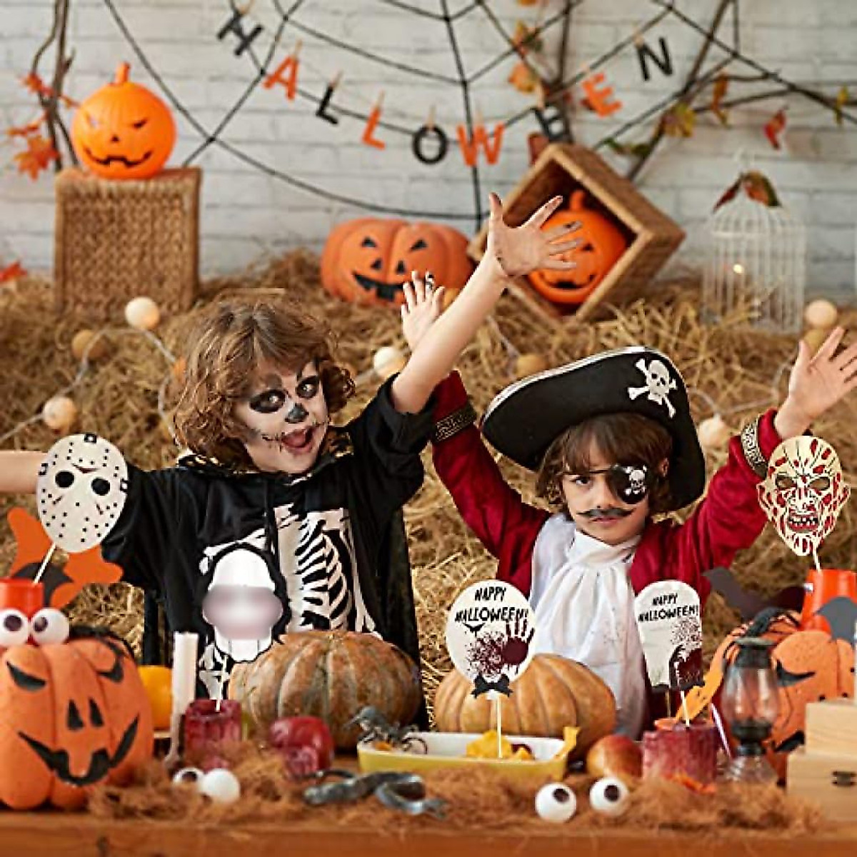 22 Pcs Halloween Photo Booth Props Sign Kit - Spooky Skull Mask Death Day Fiesta Décor - Autumn Fall Friday 13th Halloween Selfie Dress-up Props Decoration