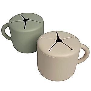 BraveJusticeKidsCo. | SiliSnacker™ Snack Cup 2 Pack | Silicone Snack Container | Toddler and Baby Snack Catcher (Latte & Desert Sage)