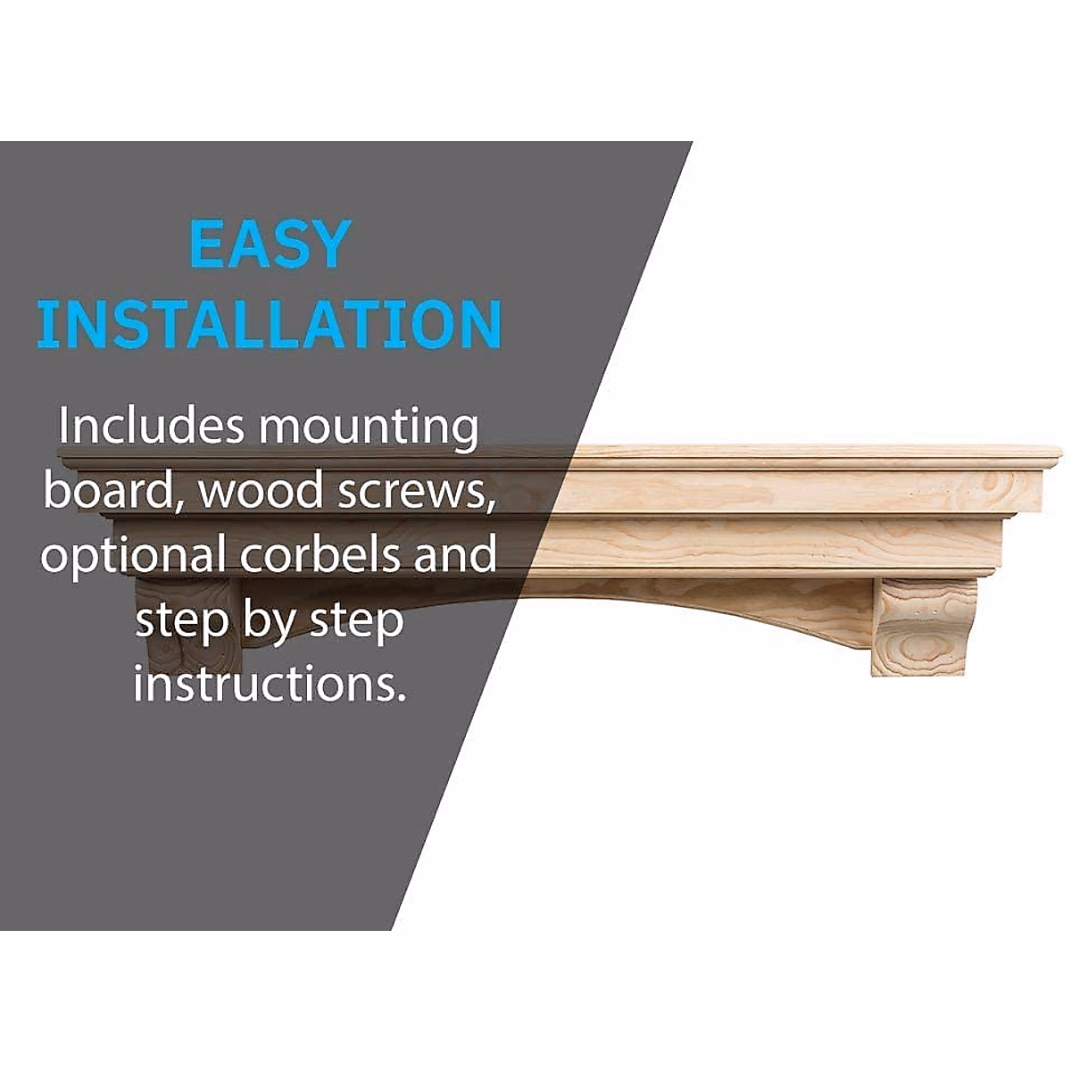 72 Inch Floating Fireplace Mantel Wood Shelf In Unfinished - Salem From Mantels Direct | Corbel Bracket Arches Included | Wooden Rustic Wall Shelf Perfect for Electric Fireplaces and Décor