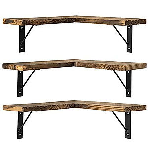 MyGift Wall Mounted Rustic Burnt Solid Wood Corner Shelf with Black Metal Brackets, Decorative Home Office Display Storage Shelves Rack, Set of 3
