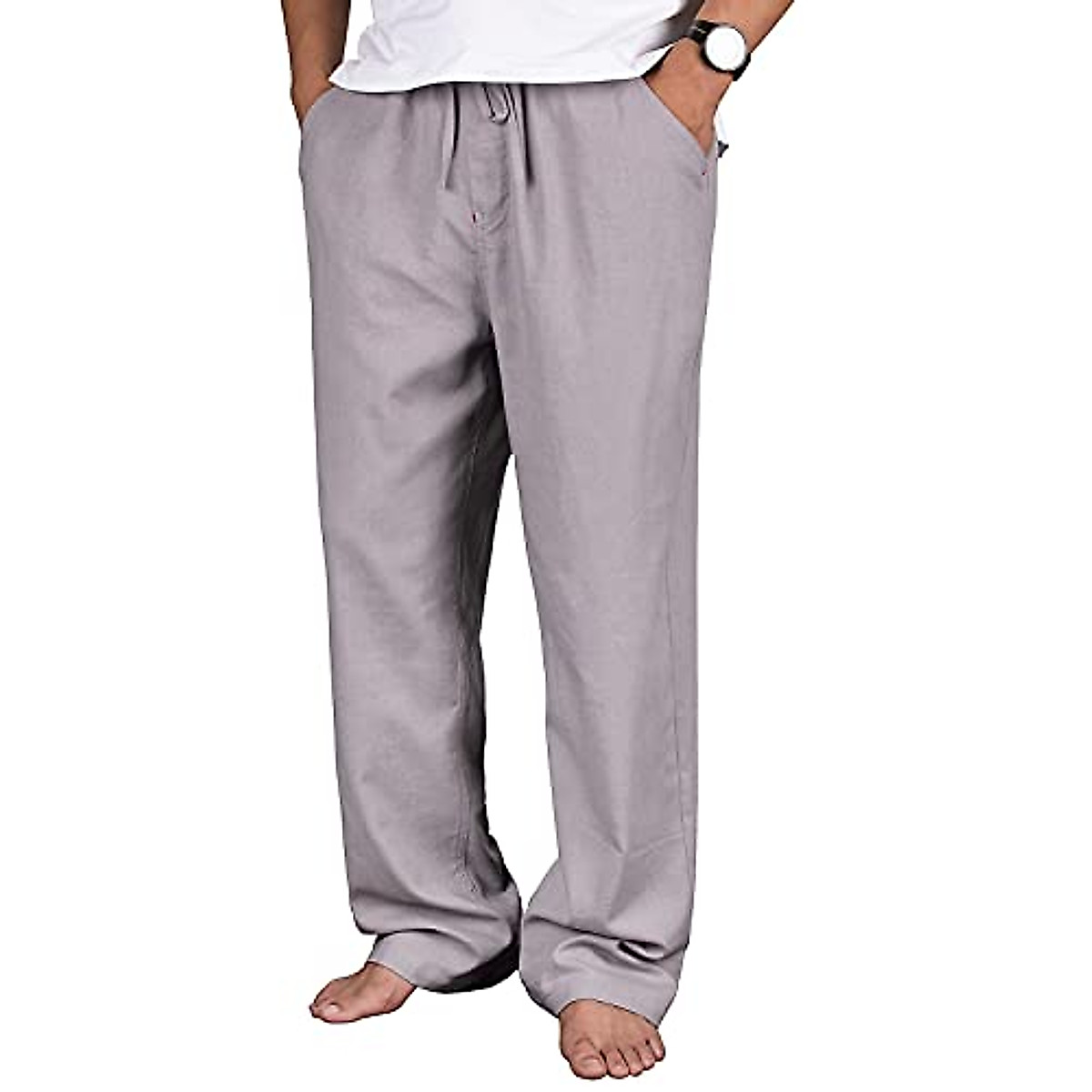 Men's Drawstring Loose Linen Beach Pants Lightweight Elastic Waist Yoga Lounge Cotton Trousers Pajamas (Grey, Large)