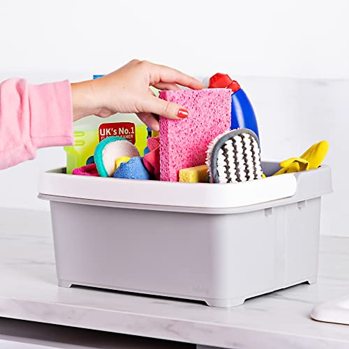 Minky Homecare Large Storage Caddy - Easy to Clean Plastic Storage Bin with Foldaway Handle - Perfect for Cleaning, Crafts, Baby Items, DIY - Great for Pantry, Fridge & Organization - Made in the UK