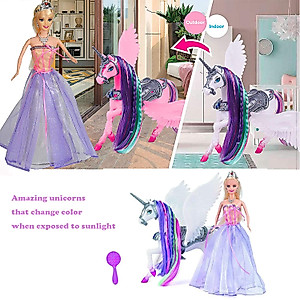 Sparkle Unicorn and Fairy Tale Princess Doll, W/ Crystal Comb and Fairy Stick, Girls' Unicorn Doll Toys Gifts, Presents for Girl Kids Aged 3+ (Pink Unicorn Purple Dress)
