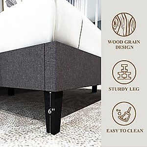 Benevika King Size Upholstered Platform Bed Frame with Linen Fabric Simple Style Headboard and Wooden Slats Support, Upholstered Mattress Foundation, No Box Spring Needed, Easy Assembly, Grey