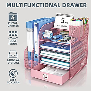 JAFUSI Mesh Desk Organizer with File Holder Magazine Holder,5-Tier Paper Letter Tray Organizer with Pen Holder,Desktop File Organizer with Drawer,10 Sections Suit for Home School Office Supplies