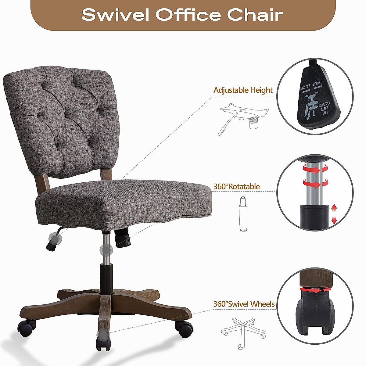 HUIMO Upholstered Swivel Desk Chair Chenille Tufted Fabric Home Office Chair with Wheels Adjustable Height Classic Task Chair with Wooden Legs Comfortable Armless Chair for Studio Study (Grey)