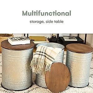 Hallops Farmhouse Accent Side Table | Galvanized Rustic Coffee Table | Metal Storage Ottoman Wood Cover | Farmhouse Decor Storage Box (Set of 3, Silver)