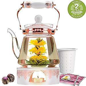 Teabloom Buckingham Palace Teapot & Flowering Tea Gift Set (6 Pieces) - Stovetop Safe Glass Teapot (40 OZ / 1.2 L / 4-5 CUPS), Porcelain Lid, Tea Warmer, Loose Tea Infuser, 2 Gourmet Rose Tea Flowers