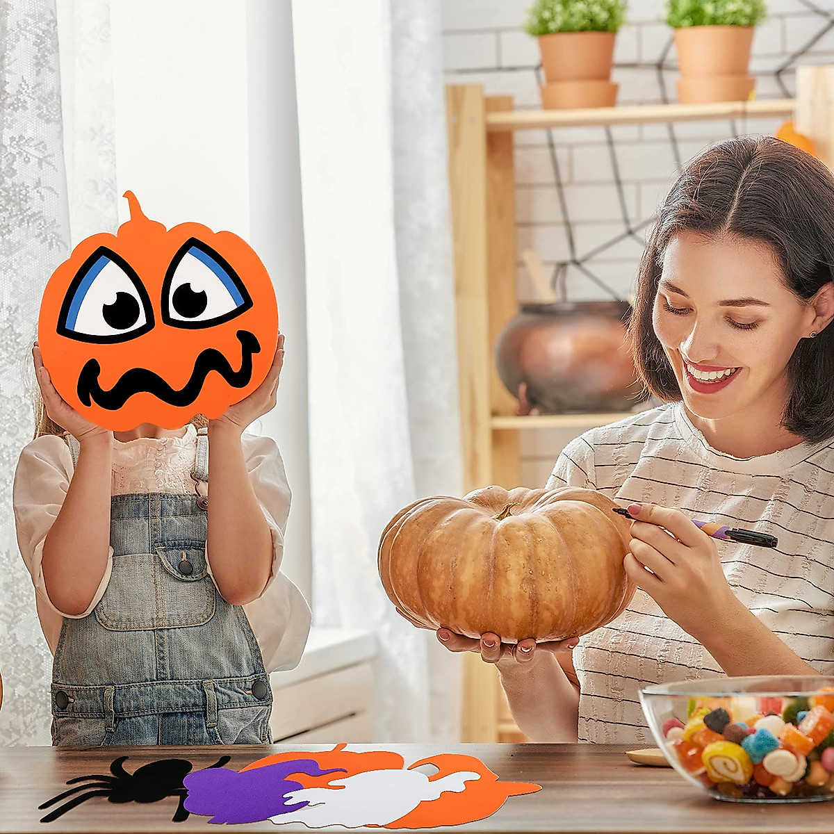 16 Pieces Halloween Foam Craft Kit Halloween Arts Foam Large Pumpkin Foam DIY Pumpkin Decorating and 4 Pieces Halloween Craft Stickers Funny Pumpkin Sticker for Halloween Game Party Favor Decoration