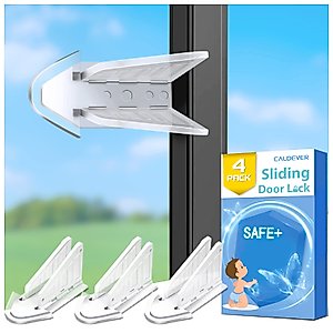 Sliding Door Lock for Kids Safety: 4 Pack Window Locks Child Proof Slide Glass Door Locks, Baby Proofing Closet Cabinet Patio Security Bar, No Drill Toddler Childproof Slider Door Window Stop