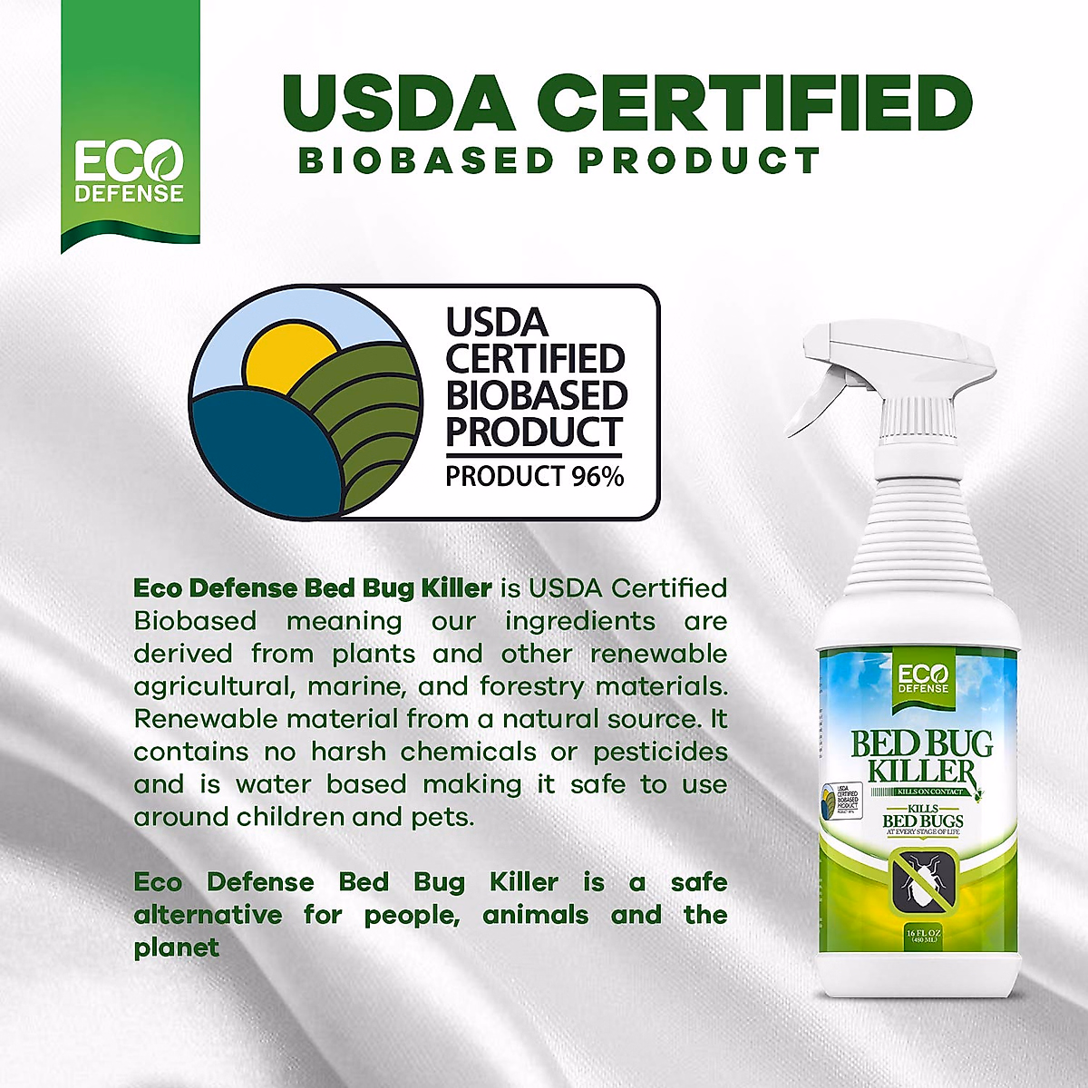Eco Defense Bed Bug Killer - USDA Biobased, Bed Bug Spray & Dust Mite Spray - Natural Repellent Treatment - 16 oz