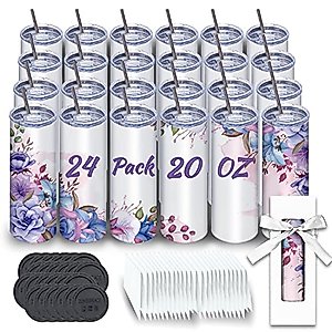 Sublimation Tumblers bulk 20 oz Skinny, 24 Pack Stainless Steel Double Wall Insulated Straight Sublimation Tumbler Cups Blank White with Lid, Straw, Individually Box,Polymer Coating for Heat Transfer