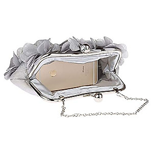 Santimon Women Clutch Kiss Lock Purse HandBags Satin Flower Evening Bags with Removable Strap Grey