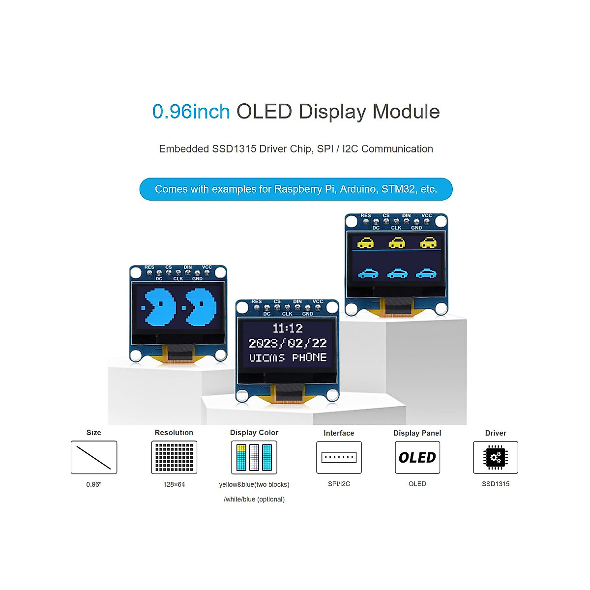 waveshare 0.96inch OLED Display Module for Raspberry Pi/Arduino/STM32, 128×64 Pixels Screen, Blue Display Color, 4-Wire SPI / I2C Communication Interfaces, 3.3V / 5V
