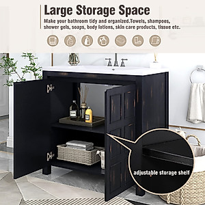 LJJDMI 36" Bathroom Vanity Cabinet Organizer with Sink, Bathroom Storage Cabinet, Combo Cabinet Set, Vintage Distressed Black
