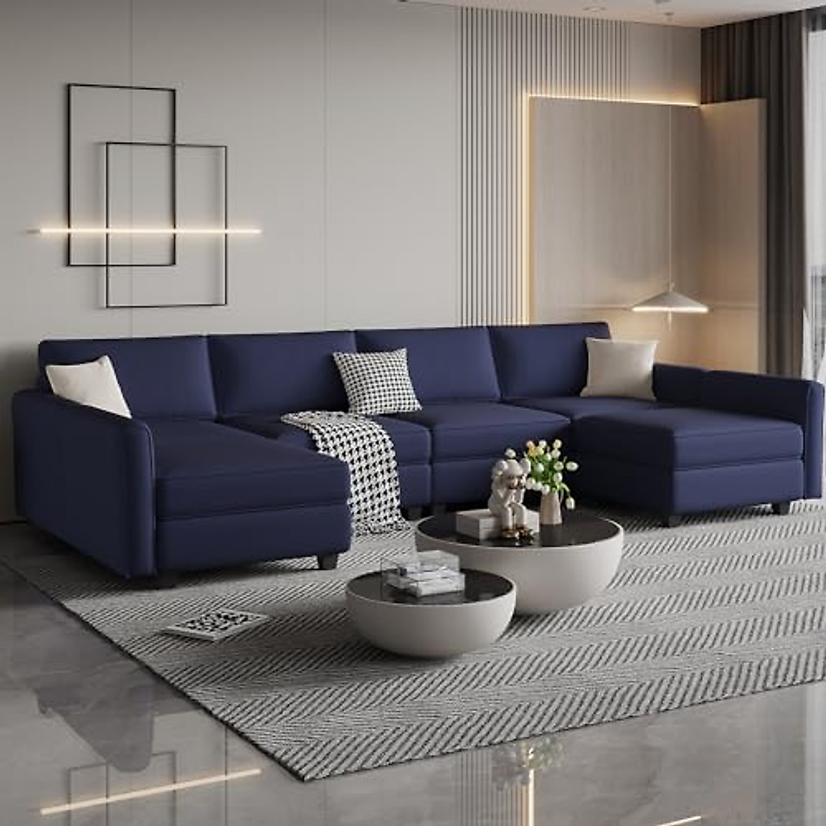 DANNRATCH Modular Sectional Sofa U Shaped Convertible Sectional Couch with Reversible Chaise, Sleeper Velvet Modular Couch with Ottomans for Living Room Furniture Sets Navy Blue