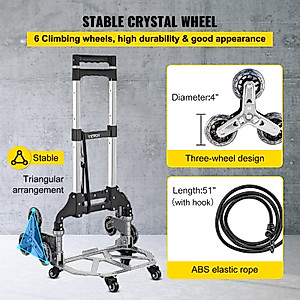 VEVOR Stair Climbing Cart, 15.4" x 10.6" Folding Hand Truck, 176 LBS Weight Capacity Aluminum Alloy Hand Cart with 10 Crystal Castors Suitable for Carry Luggage, Shopping Groceries, Transport Goods