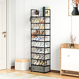 OYREL Sturdy Metal Shoe Rack Organizer,Narrow Shoe Racks for Closets, Shoe Stand,Shoe Shelf (10 Tier with 2 Boxes and 1 Hook)