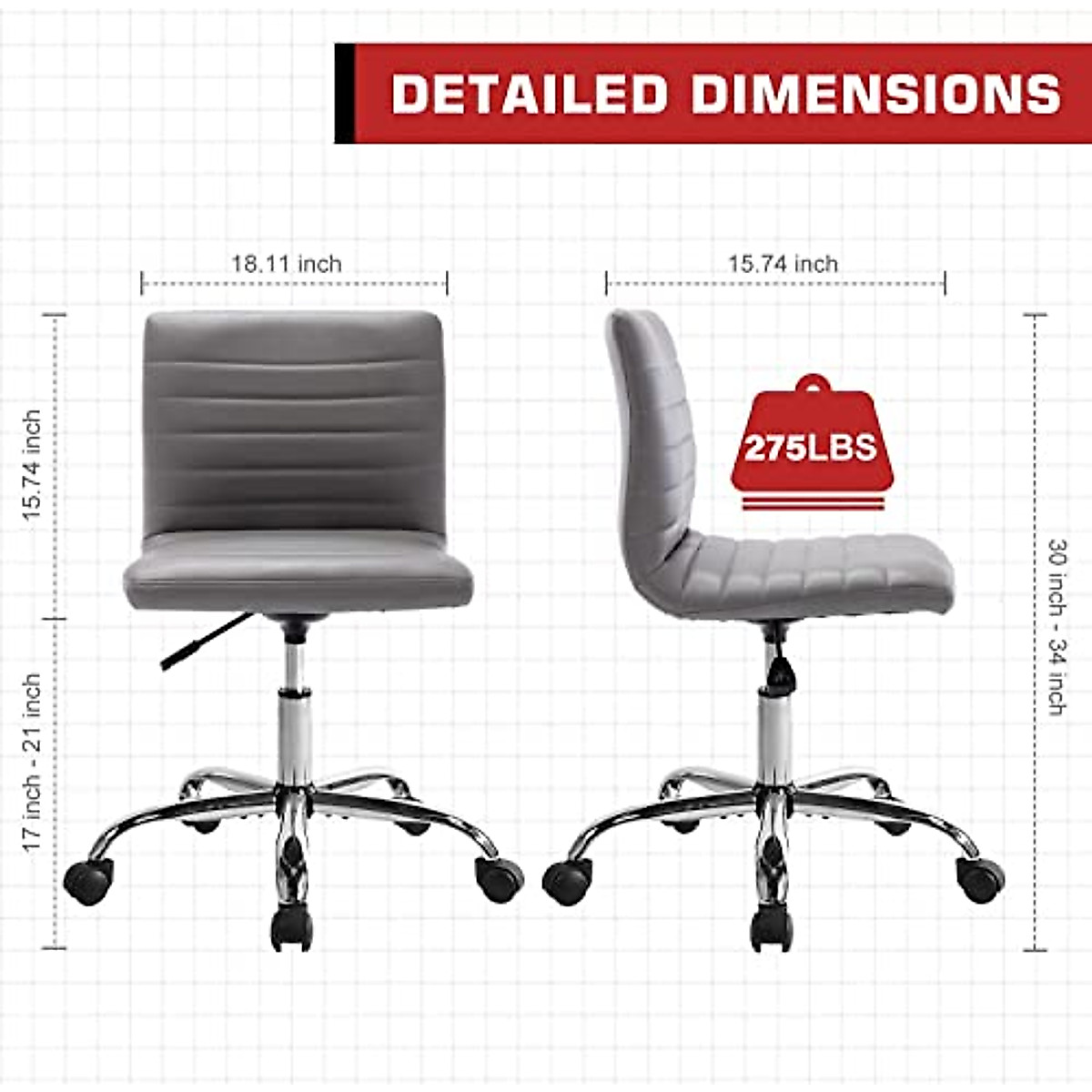 HOMEFLA PU Leather Office Armless-Computer Swivel Rolling Task Home Low Back Makeup Ribbed Desk Chair with Wheels for Bedroom Conference Reception Room (Grey, Retro)