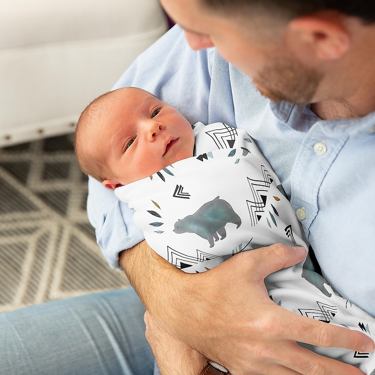 Sweet Jojo Designs Bear Mountain Baby Boy Swaddle Blanket Jersey Stretch Knit for Newborn or Infant Receiving Security - Slate Blue and Black Woodland Forest Animal