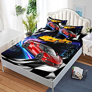 AILONEN Racing Car Fitted Sheet Set Twin XL Size,Black and White Grid Bed Sheet Set for Kids Boys Teen,3 Pieces Extreme Games Race Car Sheet Set for Room,1 Fitted Sheet with 2 Pillowcases