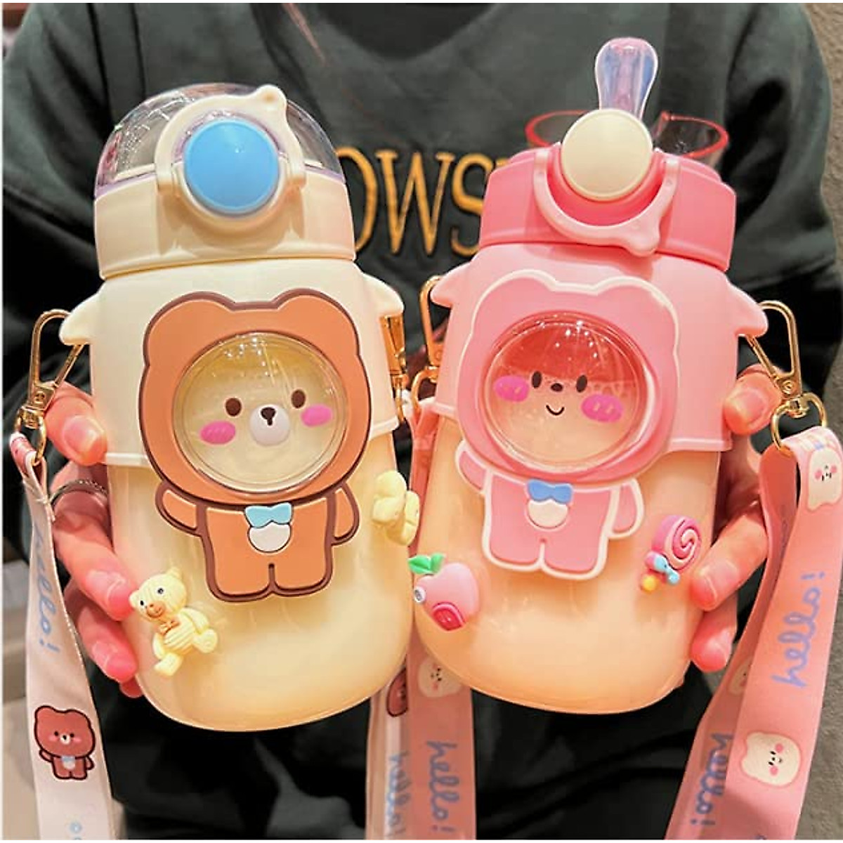 excvalues Kawaii Water Bottle with Straw and Strap, Cute Water Bottles with 3D Stickers, Large Capacity Leak-Proof Bottles for Girls School (White)