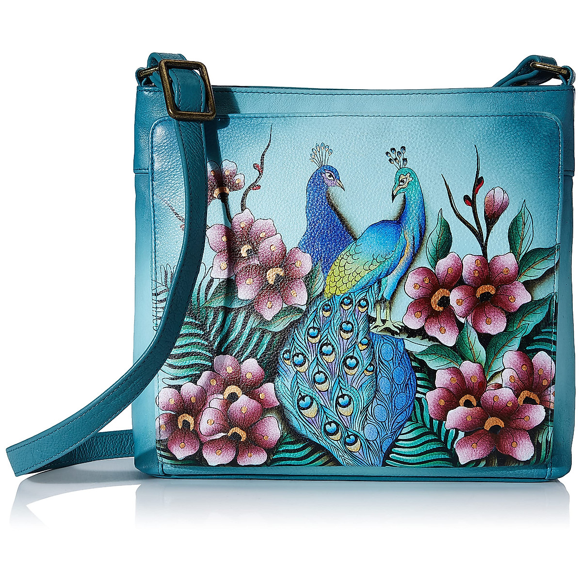 Anna by Anuschka womens Anna Anuschka Women s Genuine Leather Crossbody Organizer Hand Painted Exterior Peacock Lov, Peacock Love, One size US