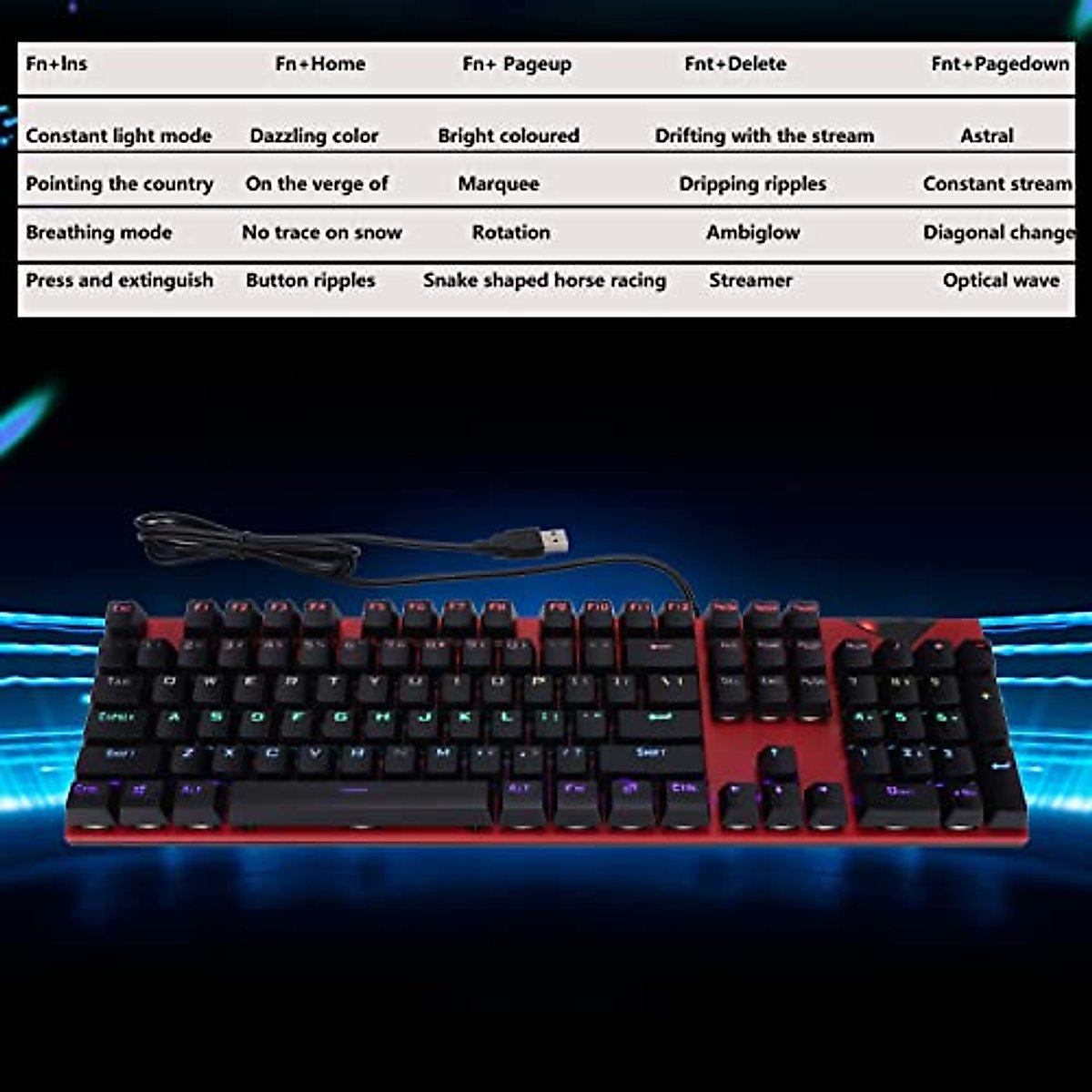 Kafuty-1 USB Mechanical Keyboard, 104 Keys Ergonomic PC Gaming Keyboard with 20 Kinds of Light Modes, Red Switch, for Win XP 7 8 10, for OS X 10.2 and Above(red)