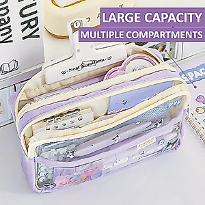 etnoreun Kawaii Cute Clear Pencil Case with Free Stickers Pen Pouch Spacious Multiple Compartments (Pink)