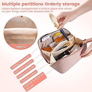 Baonmy Upgrade Large Capacity Travel Cosmetic Bag,Makeup Bag,Opens Flat Waterproof PU Leather Large Makeup Bag,Portable Makeup Organizer Bag with Dividers and Handle