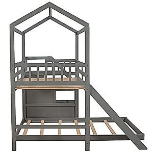 POCIYIHOME Twin Over Full House Bunk Bed with Convertible Slide & Storage Staircase, Wood Bed Frame with Slat Support & Full Length Guardrail for Kids,Teens Bedroom, No Box Spring Needed, Gray