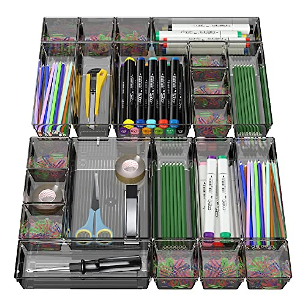 Kzemtcuo 16 Pcs Drawer Organizer Set 5-Size Non-Slip Bathroom Drawer Tray Dividers Versatile Storage Bins Plastic Organizers Divider Container For Dresser Makeup Kitchen Junk Drawer Organizer