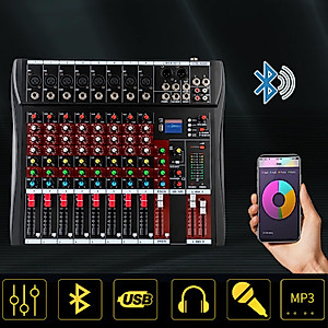 RibasuBB 8 Channel Audio Mixer, Professional Audio Mixer Sound Board Console System Interface 8 Channel with MP3 Player+USB Bluetooth 48V Phantom Power Source Usb Power Stereo DJ Studio Streaming