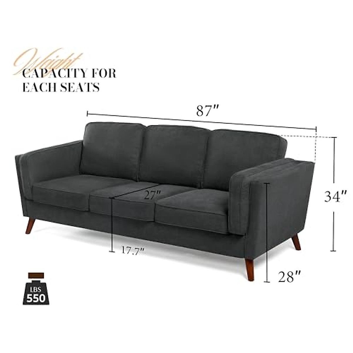 VanAcc Sofa, 87 inch Modern Sofa Couch with Embedded Arm Pillow- Deep Seat Sofa for Livingroom, Dark Grey