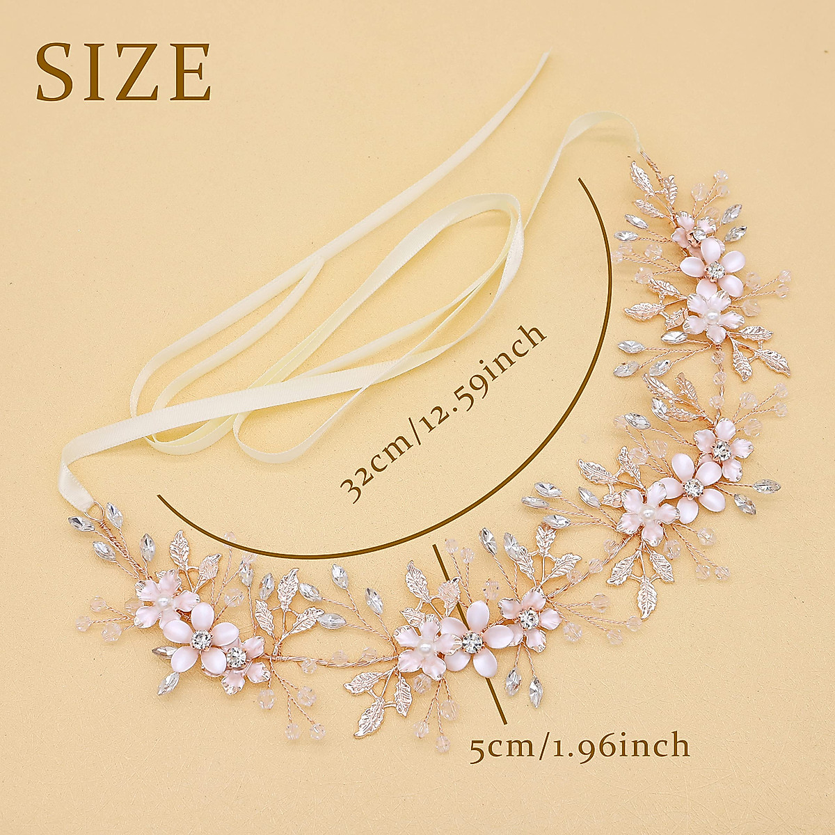 Braveamor Rose Gold Bridal Hair Vine Bohemian Style Wedding Headpiece Crystal Pearl Headband Flower Leaves Halo Wedding Hair Accessories