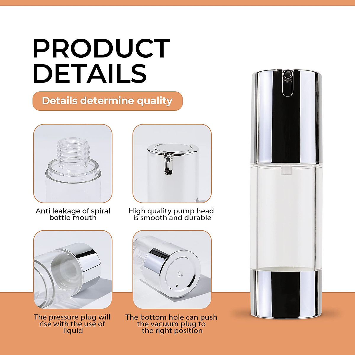 longway 15ml Airless Pump Bottle Silver Airless Cosmetic Cream Pump Bottle Travel Size Dispenser Refillable Containers（0.5oz,Pack of 6 ）