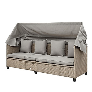 Quarte 4 Piece Outdoor Sectional Sofa Set, Patio UV-Proof Resin Wicker Sofa Set with Retractable Canopy, Cushions and Lifting Table