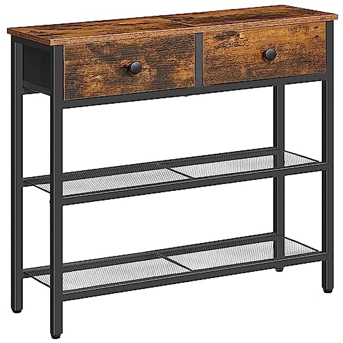 HOOBRO 29.5" Narrow Console Table with 2 Fabric Drawers, Small Entryway Table with 3-Tier Storage Shelves, Thin Sofa Table, Side Table, for Living Room, Hallway, Rustic Brown and Black BF72XG01