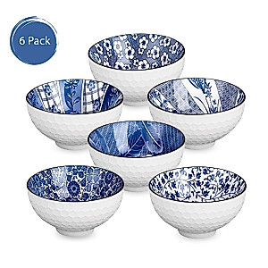 Japanese Style Ceramic Assorted Designs Traditional Blue and White Pattern Dinnerware Set (6PACK Blue White Bowl 4.5")