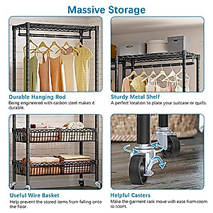 VIPEK X2 Rolling Garment Rack Adjustable Wire Clothing Rack Portable Closet Rack with Hanging Rod Metal Basket Heavy Duty Clothes Drying Rack Laundry Sorter Cart Bathroom Storage Shelves, Black