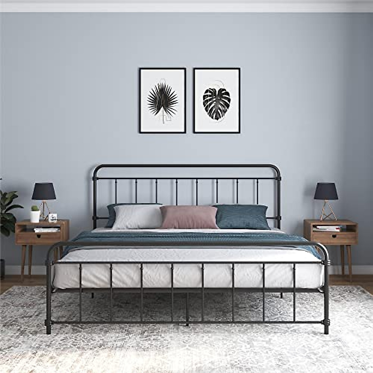 DHP Winston Metal Platform Bed with Rustic Design and Curved Edge Headboard and Footboard, Adjustable Base Height for Underbed Storage, No Box Spring Needed, King, Black