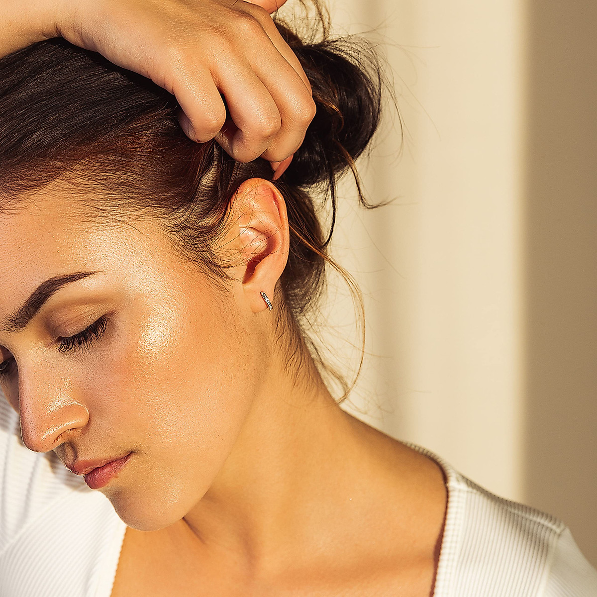 Lavishe Rhodium Plated 925 Sterling Silver Cubic Zirconia Small Cartilage Earring Hoop Huggie Stud 10mm Inner Diameter