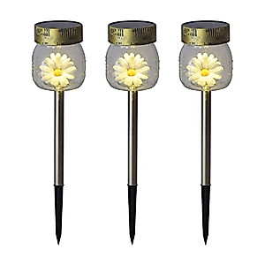 3-Pack Glass Daisy Flower in a Jar Stake Lights - Solar LED Waterproof Outdoor Garden Decor - Decorative Electronic Light Fixture Jars for Yard, Lawn, Patio, Deck, Pathway, Pond, Backyard